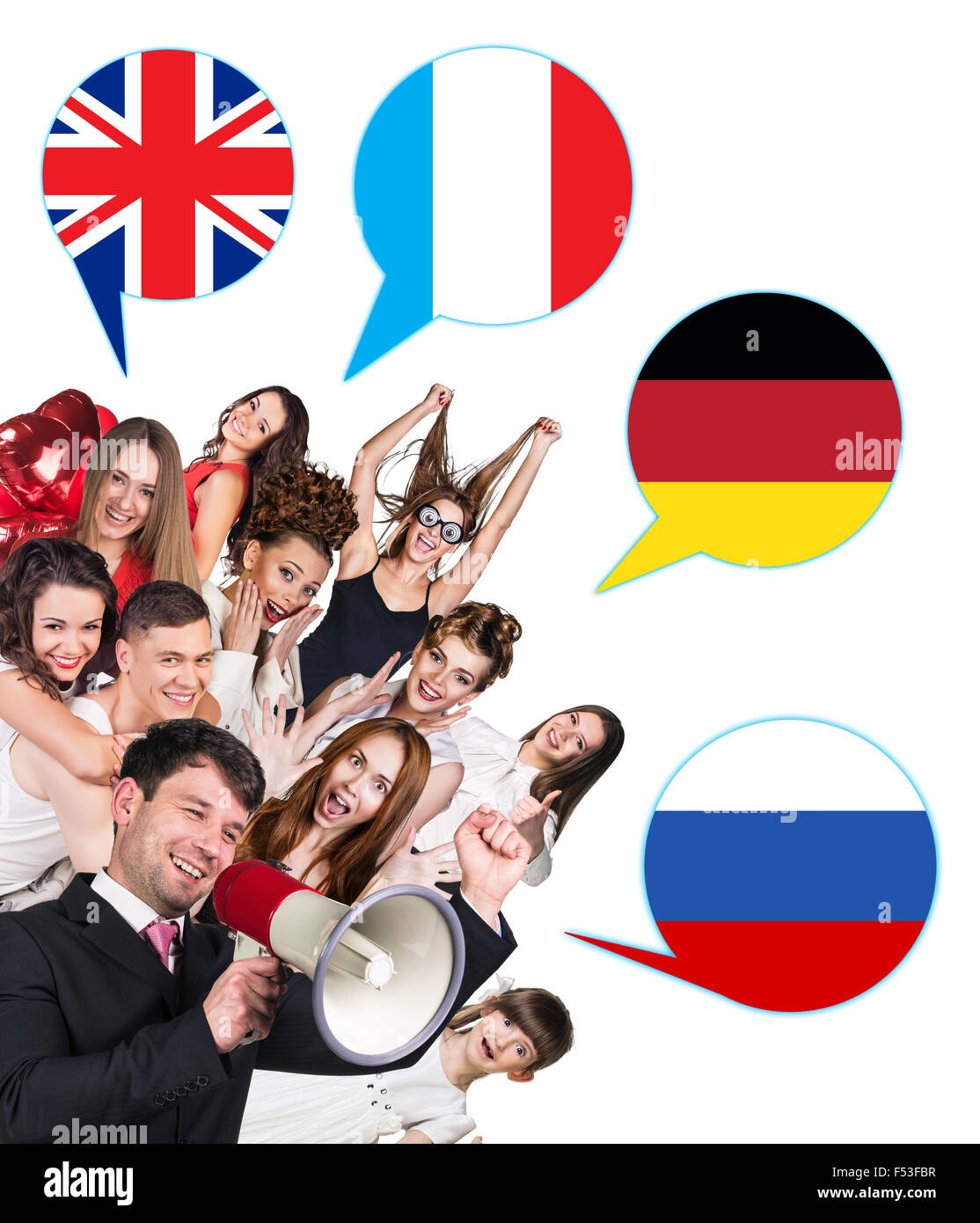 Group of people surrounded by dialogue bubbles with countries flags ...