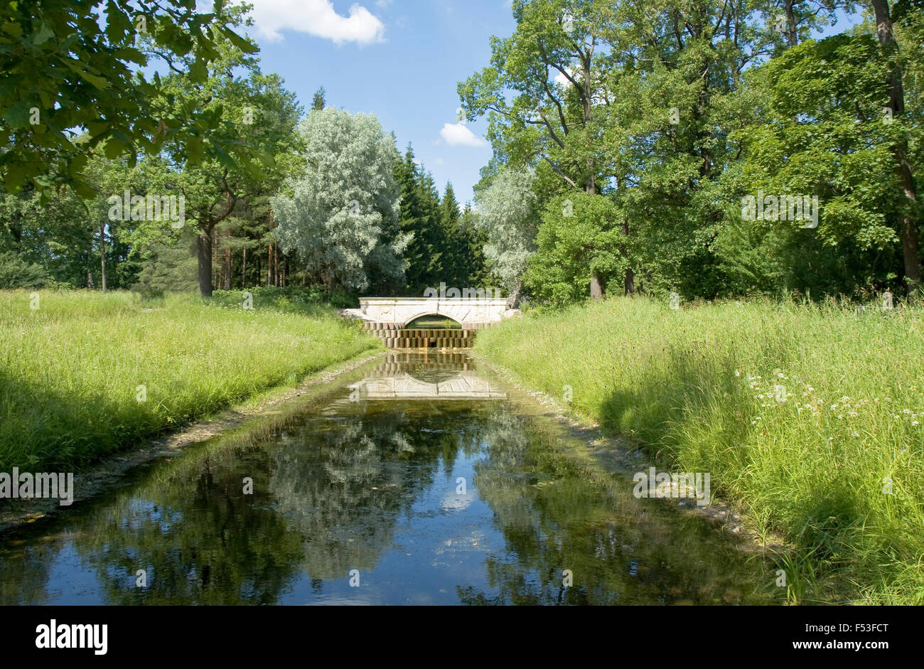 Summer landscape with bridge, recorded in park in residence of kings in ...
