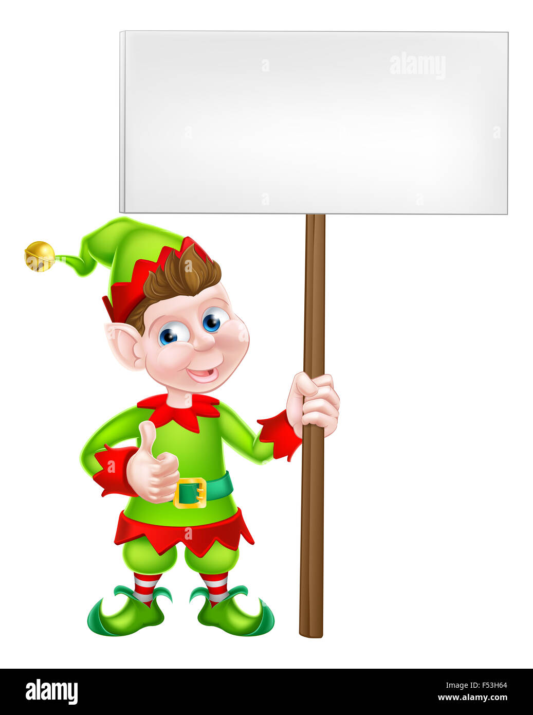 Cartoon Christmas Elf holding a sign and giving a thumbs up Stock Photo ...