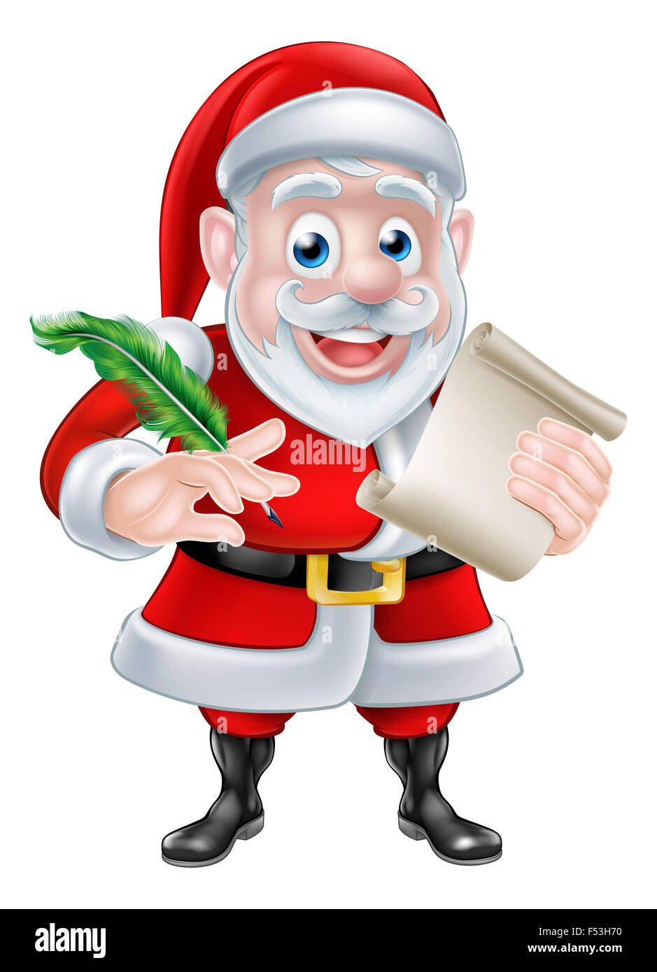 Cartoon Santa Claus with his Christmas list scroll or letter holding a ...