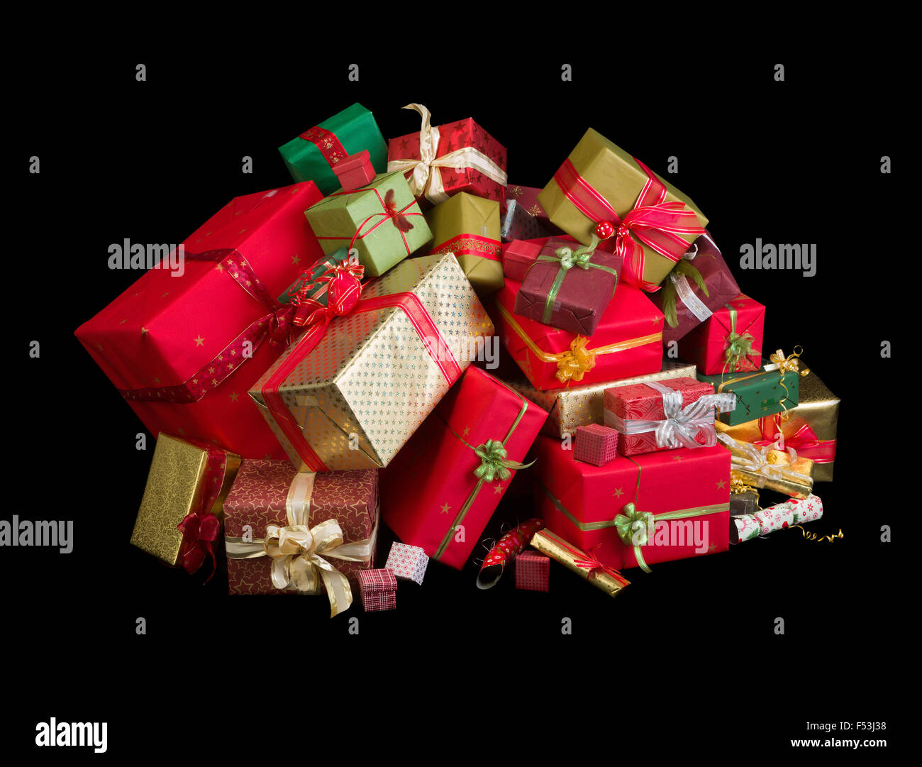 Beautiful stack of christmas presents with ribbons and bows Stock Photo ...
