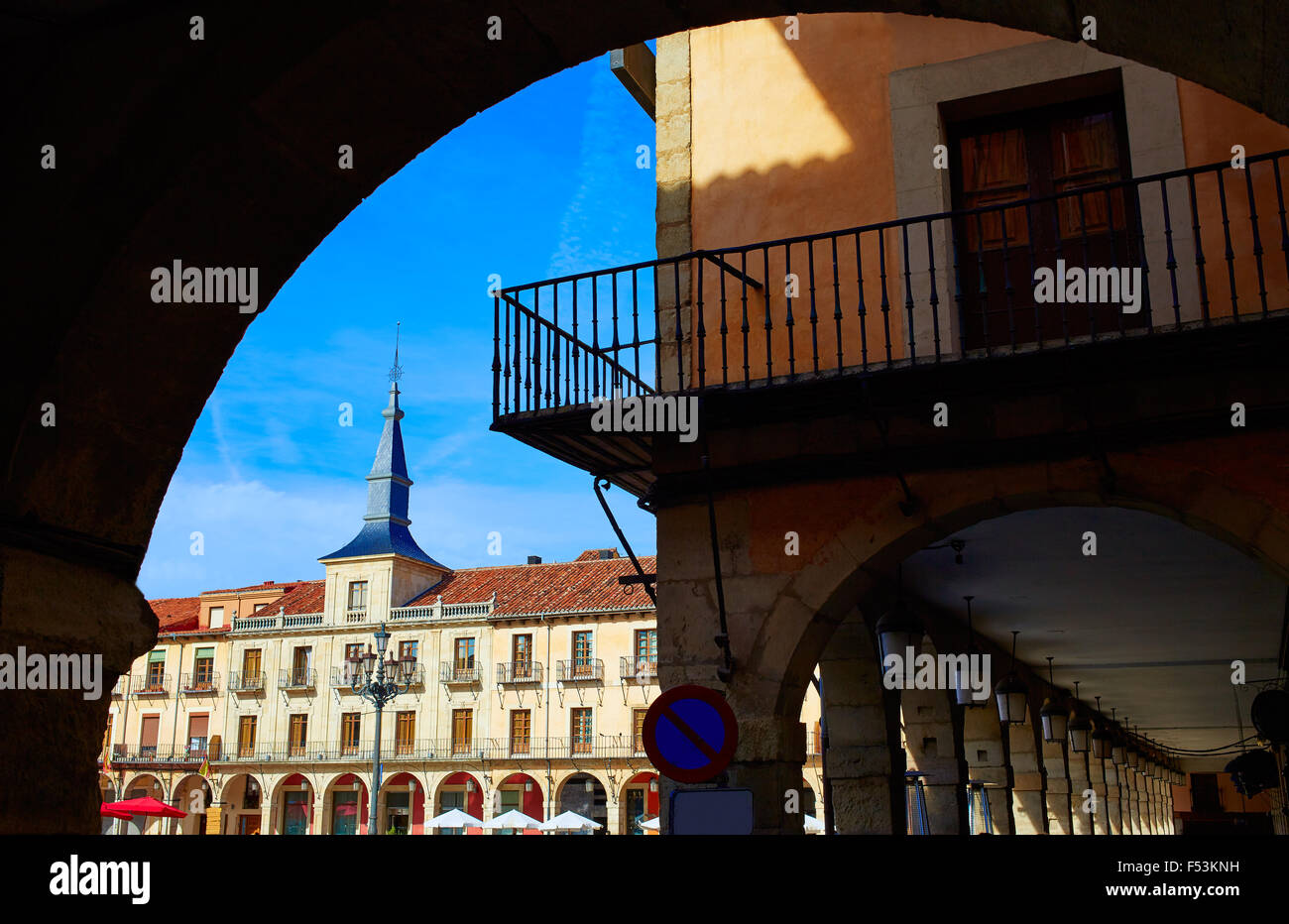 Leon Plaza Mayor arcade in Way of Saint James at Castilla Spain Stock ...