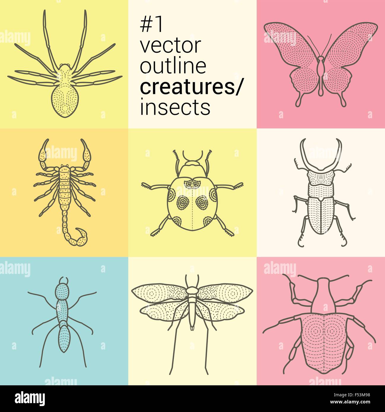 vector icons set insects, bugs collection outline contour kit. sign eps ...