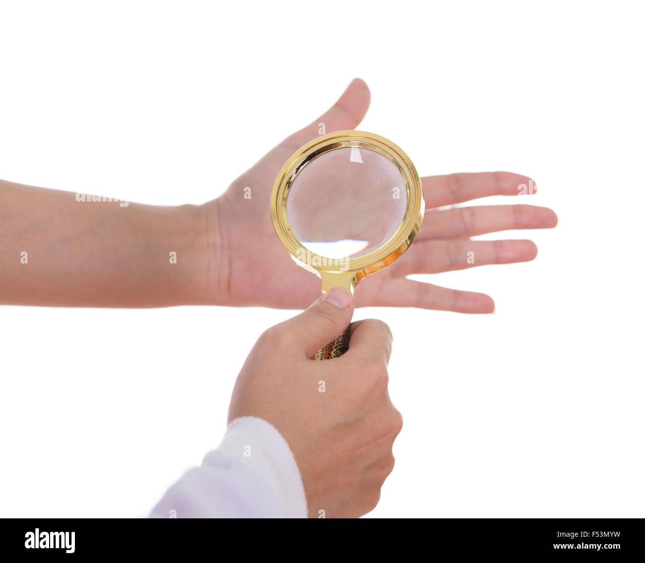 Palmistry, hands and magnifying glass isolated on white background ...