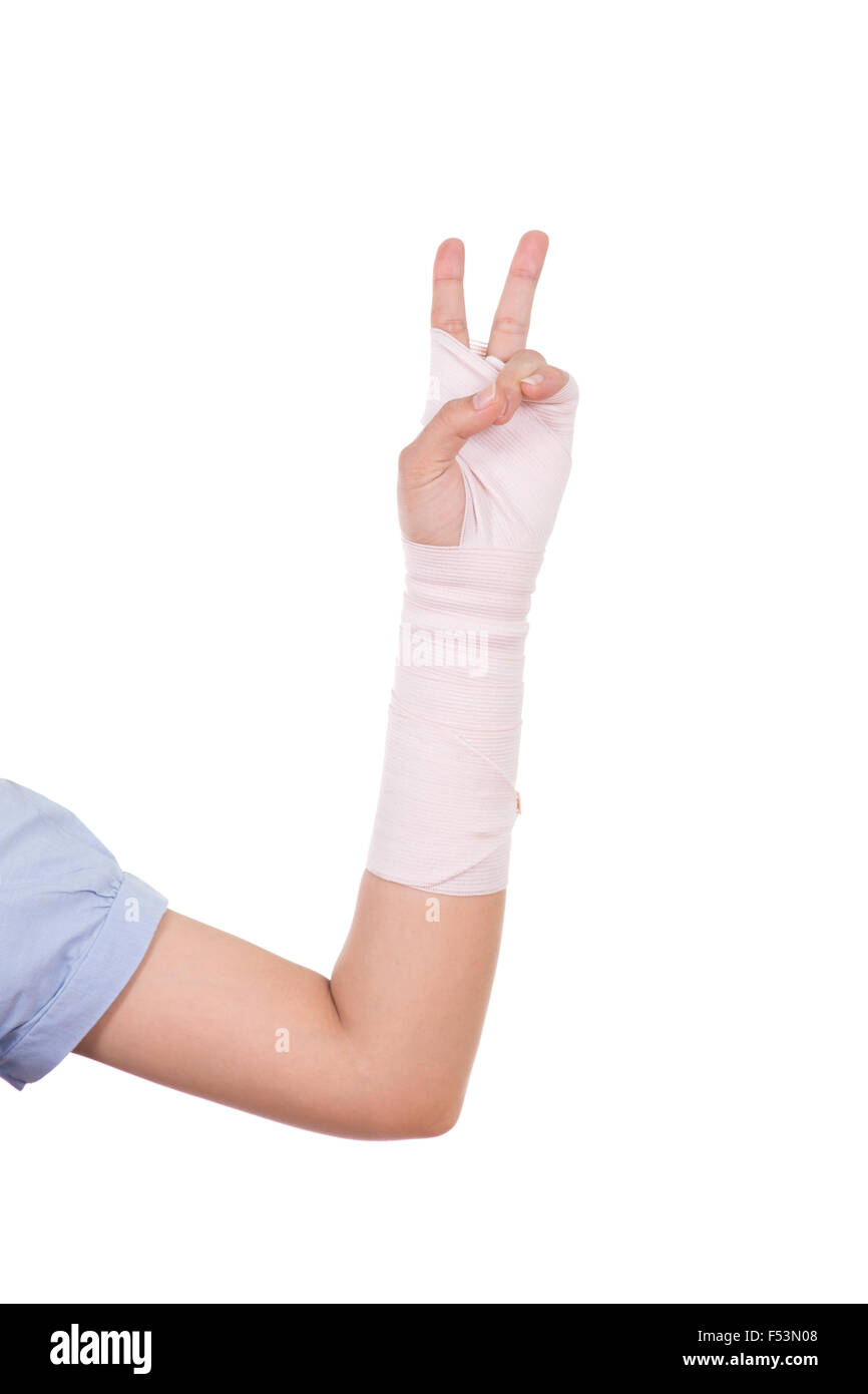 close-up injured arm wrapped in an Elastic Bandage (victory sign ...