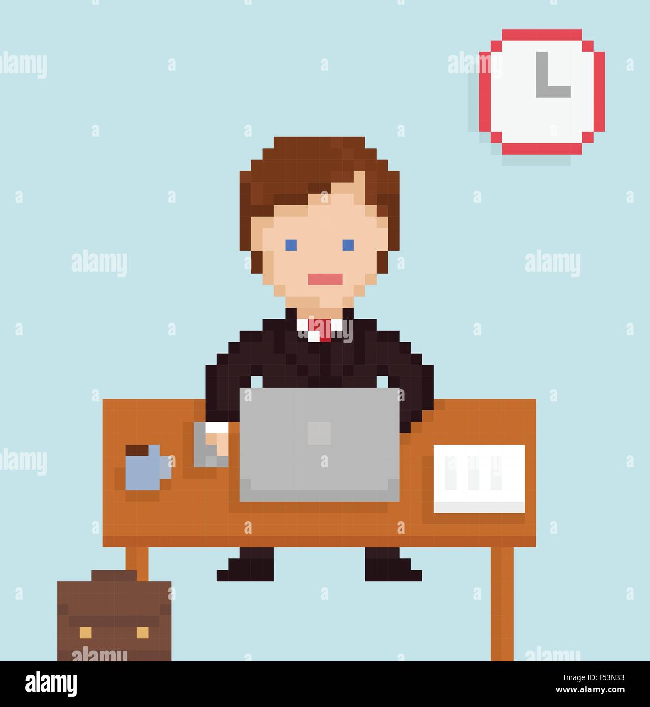 Vector pixel art illistration office businessman sitting at the laptop ...