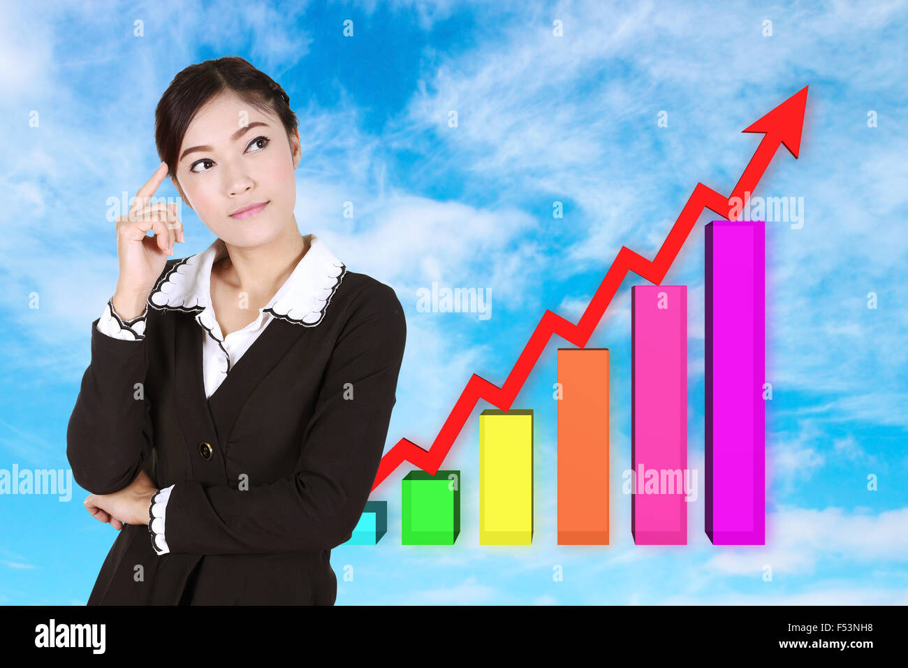 Business woman thinking with business graph with blue sky background ...