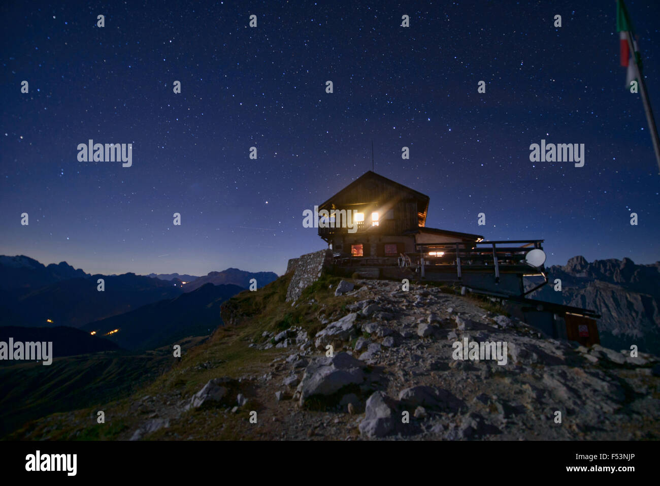 The Nuvolau Hut on top of a mountain at night, Dolomites, Italy Stock ...