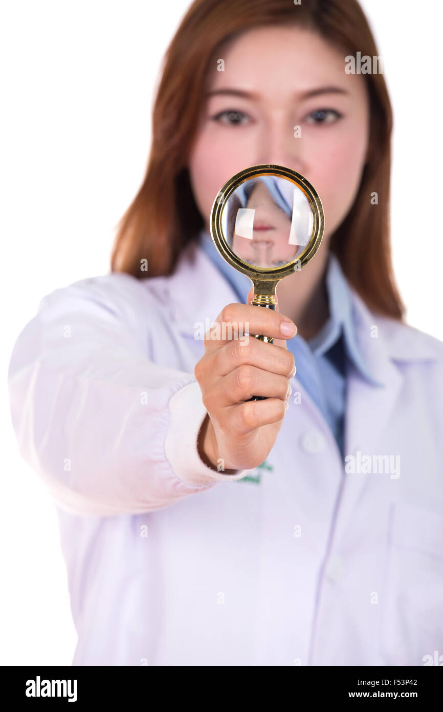 close up Magnifying Glass with female doctor isolated on white ...
