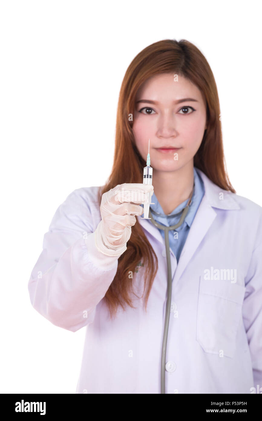 Female doctor with syringe isolated on white background Stock Photo - Alamy