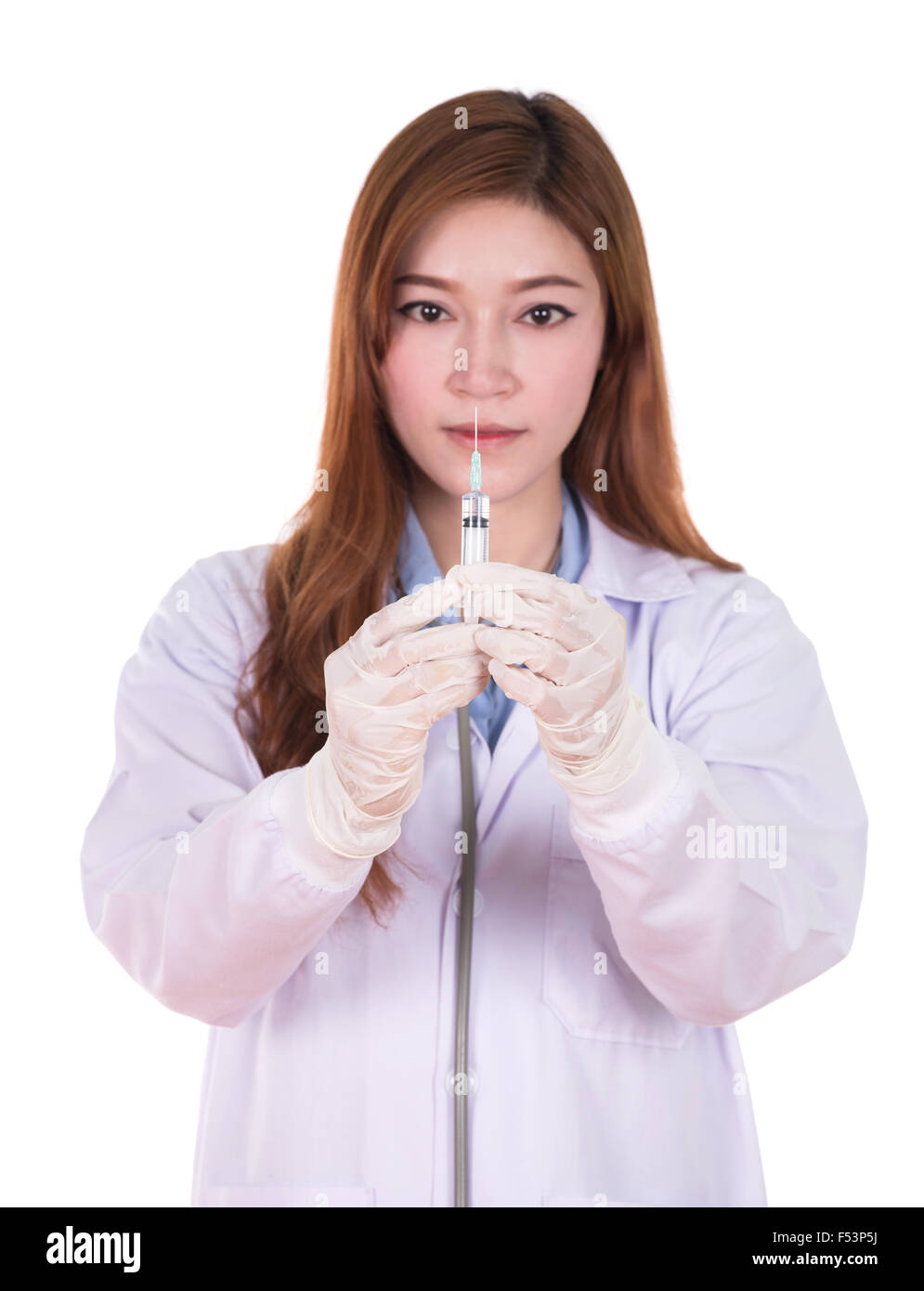 Female doctor with syringe isolated on white background Stock Photo - Alamy