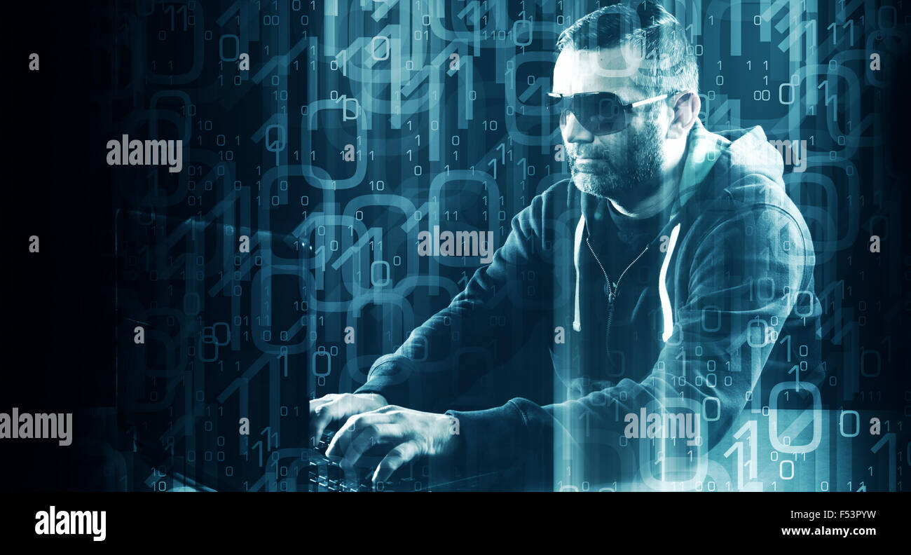 Hacker Typing On Laptop Computer Keyboard Binary Code Background Stock 7145