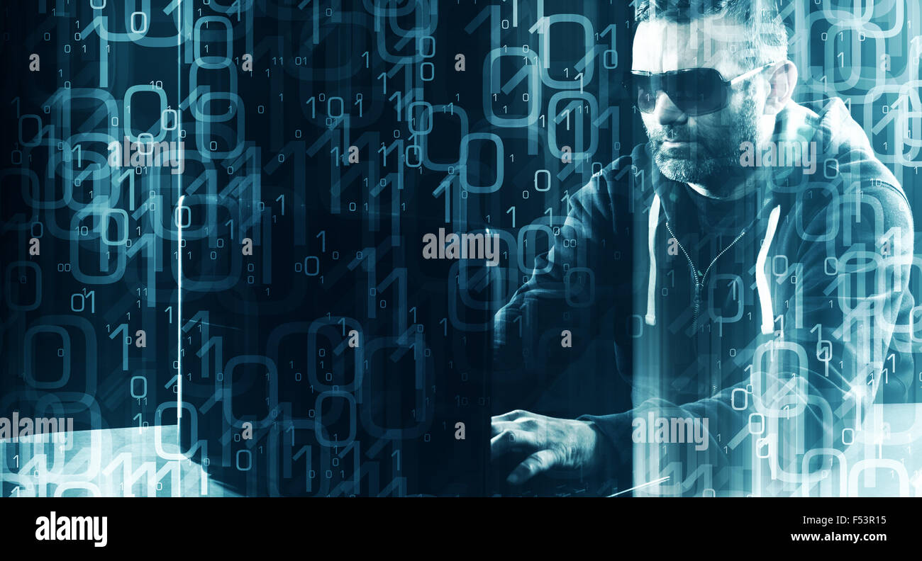 Hacker typing on laptop keyboard, binary code background Stock Photo - Alamy