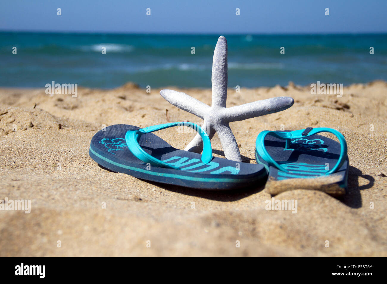 White starfish with flip-flops on The Beach Stock Photo - Alamy