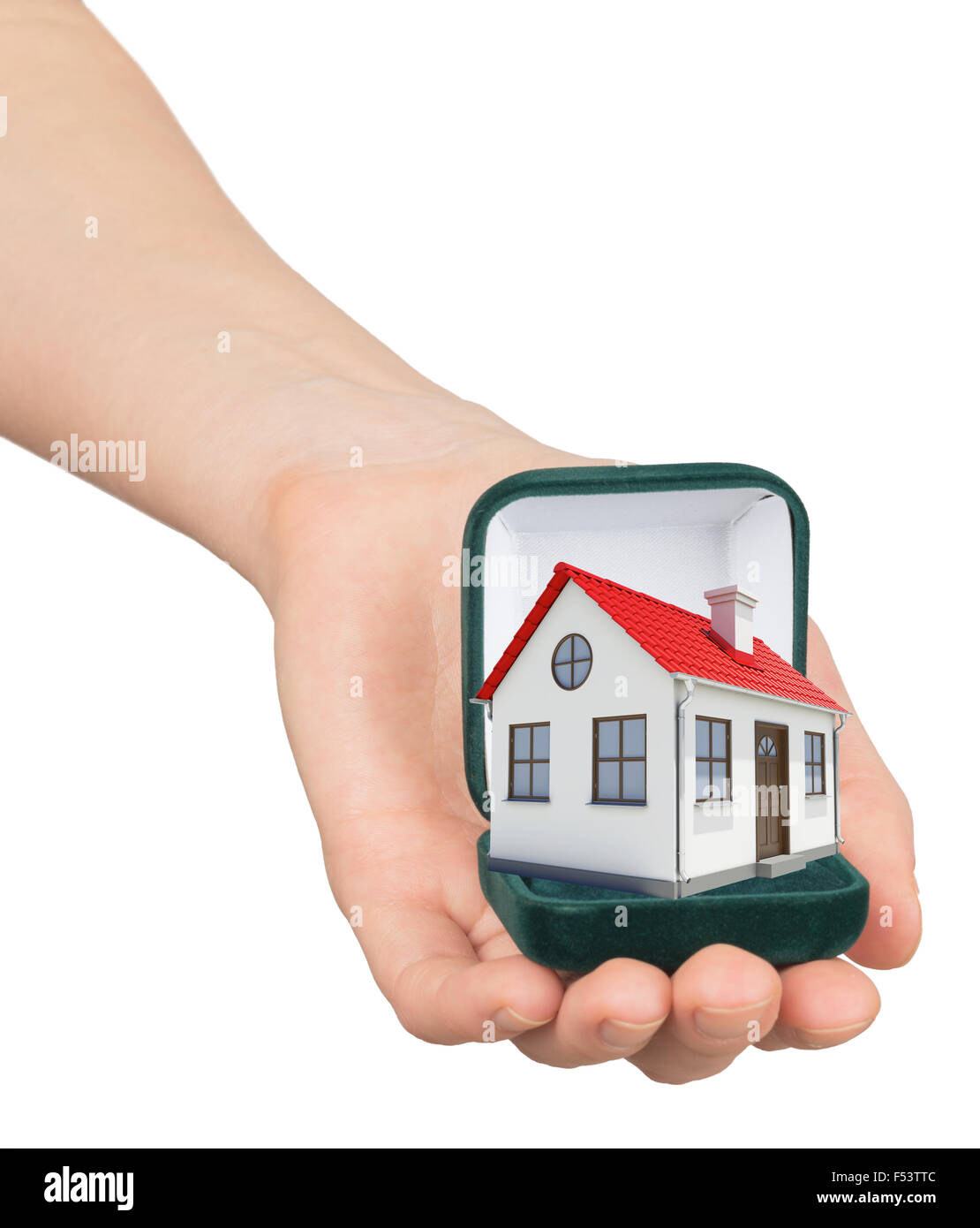 Empty ring box with house in womans hand Stock Photo - Alamy