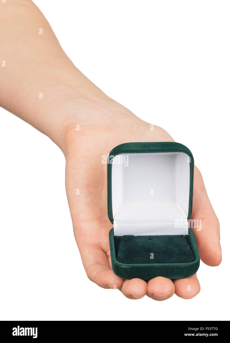 Open ring box in womans hand Stock Photo - Alamy