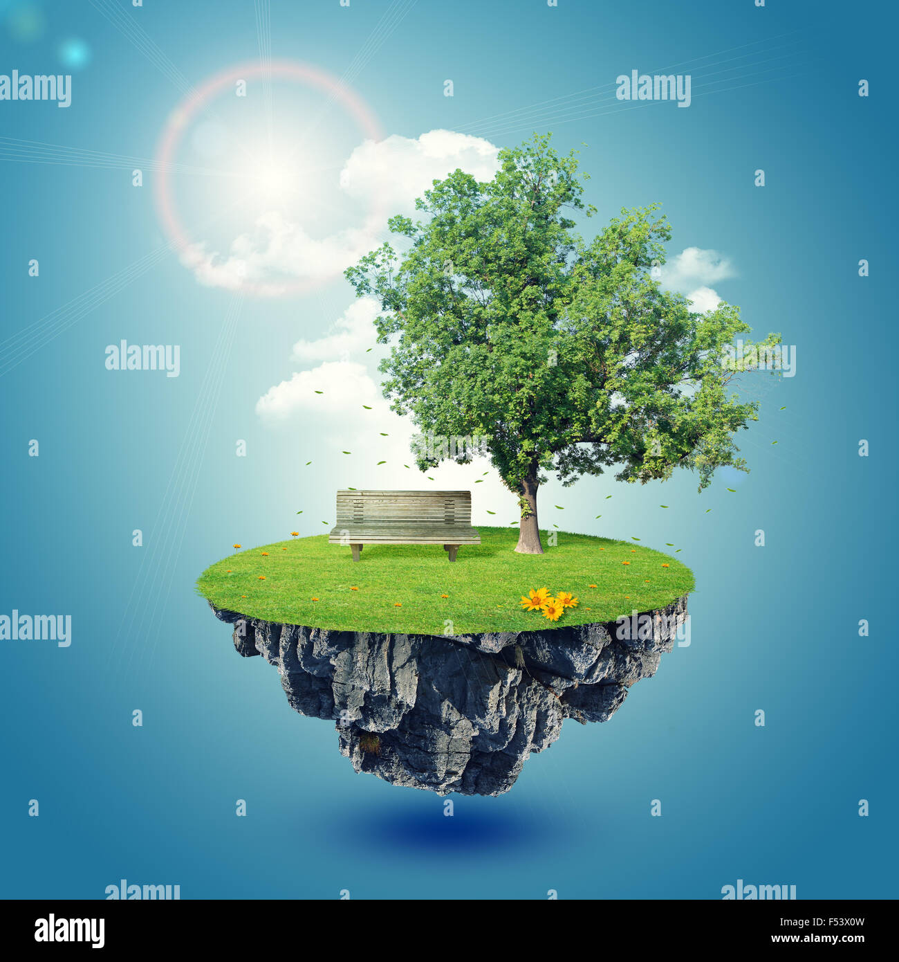Green island with tree and bench Stock Photo - Alamy