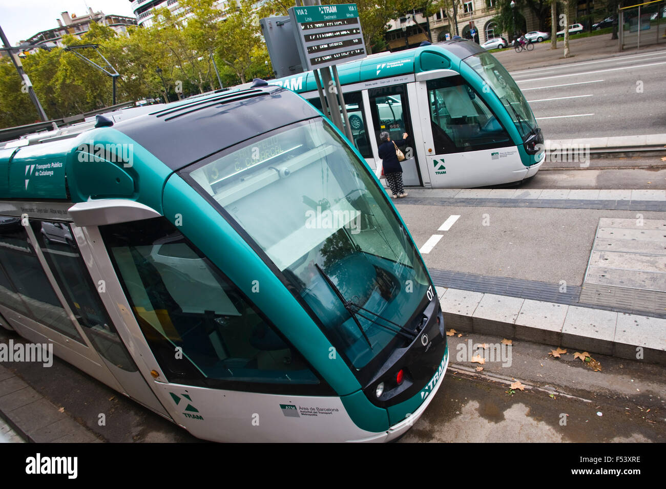 Public transportation trams on street in Barcelona Catalonia Spain ES ...