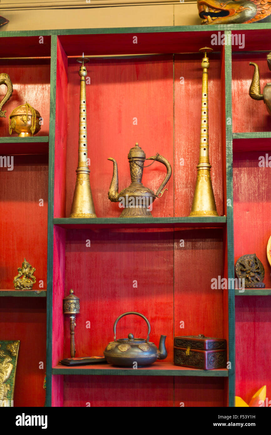 Bhutanese artifacts in souvenir shop, Jakar, Bumthang, Bhutan Stock ...