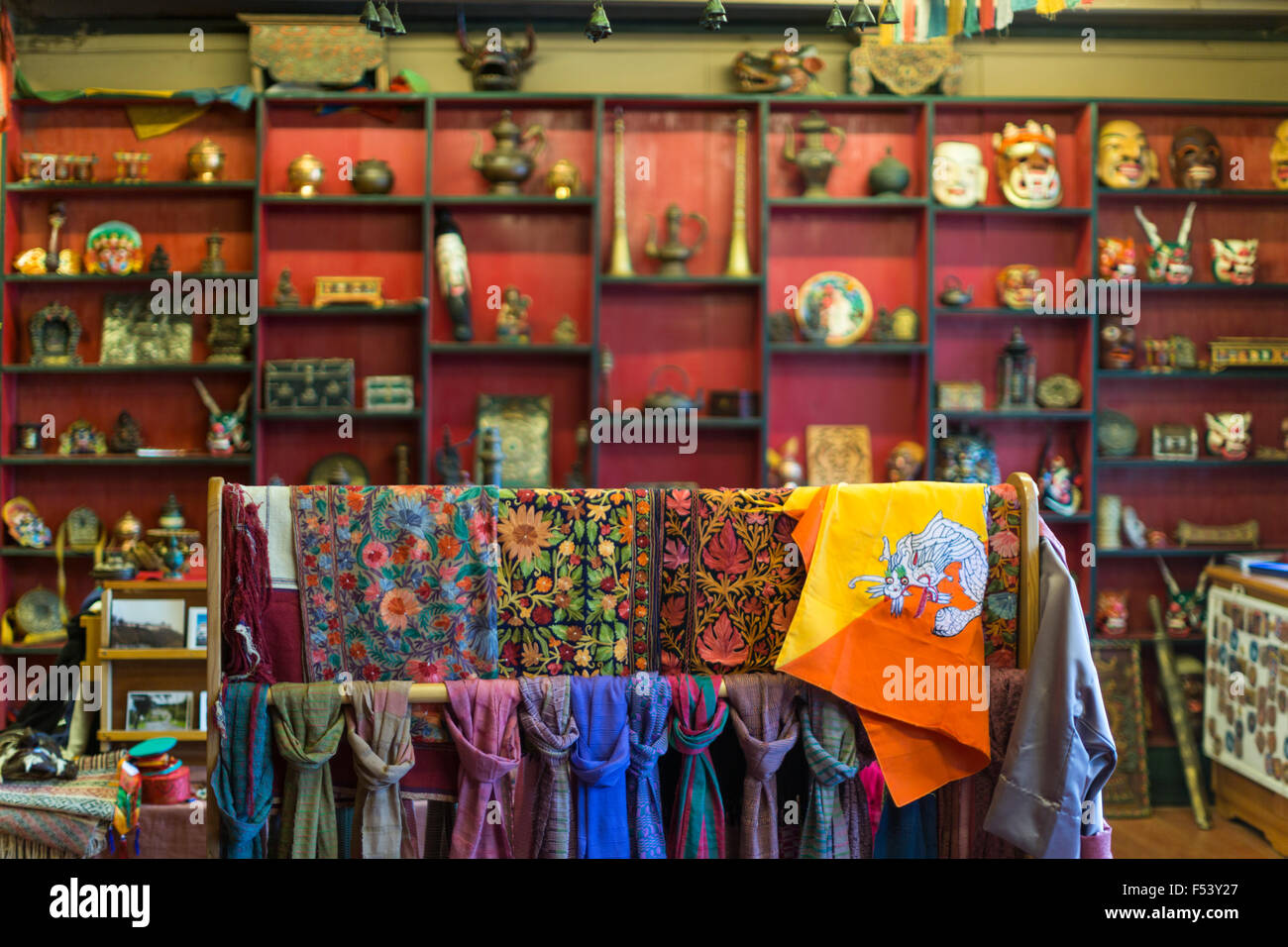Bhutanese artifacts in souvenir shop, Jakar, Bumthang, Bhutan Stock ...