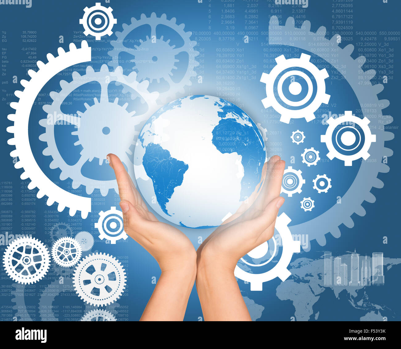 Womans hands with planet and cogs Stock Photo - Alamy