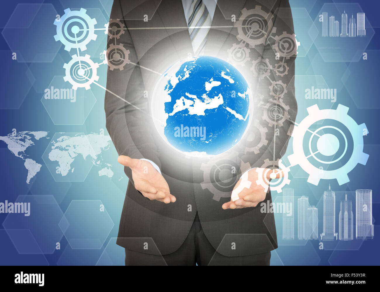 Businessman with planet above his hands Stock Photo - Alamy