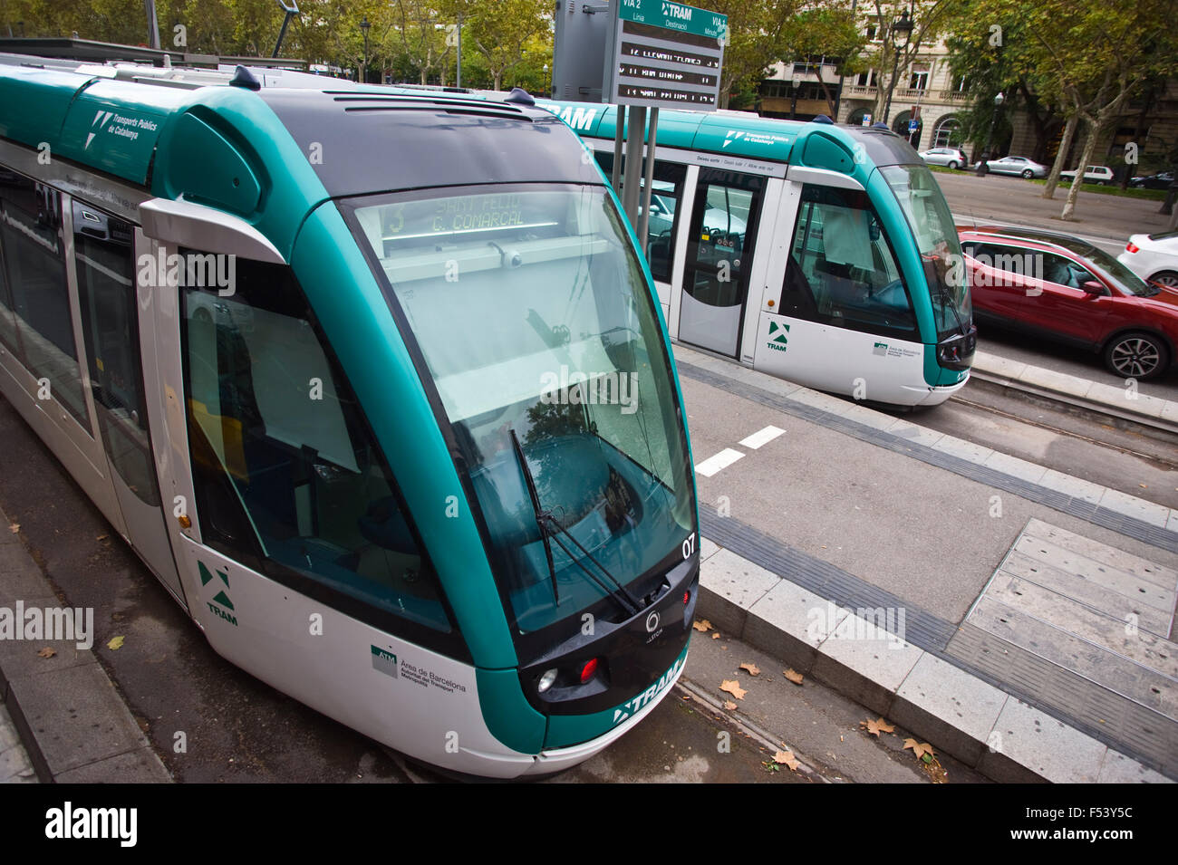 Public transportation trams on street in Barcelona Catalonia Spain ES ...