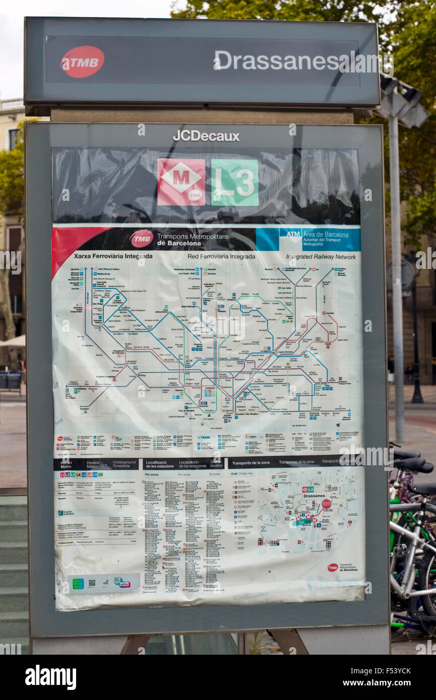 Billboard map of Metro system on street in Barcelona Catalonia Spain ES ...