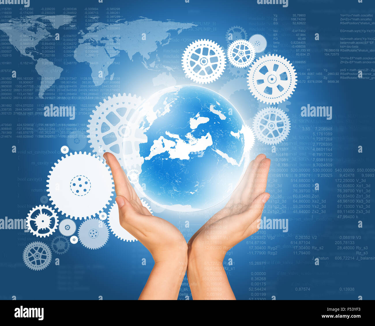 Humans hands with planet and cogs Stock Photo - Alamy