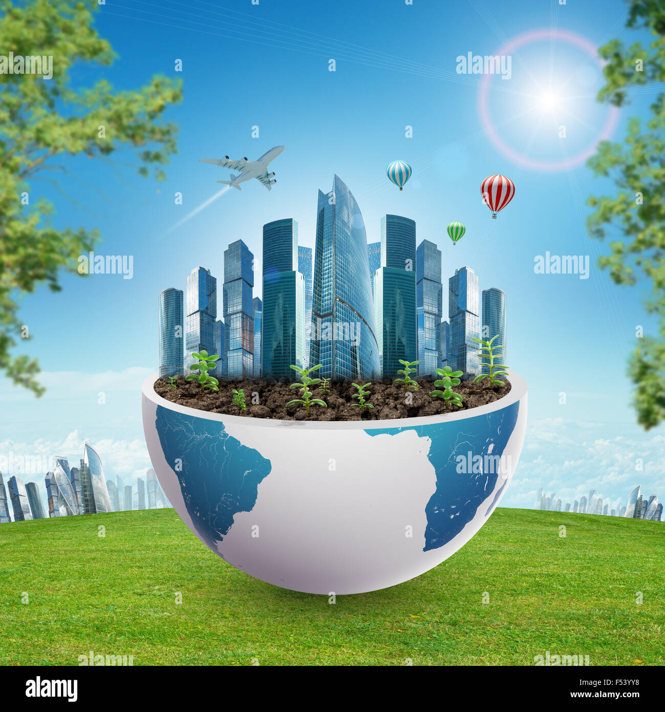 City in half planet with trees Stock Photo - Alamy