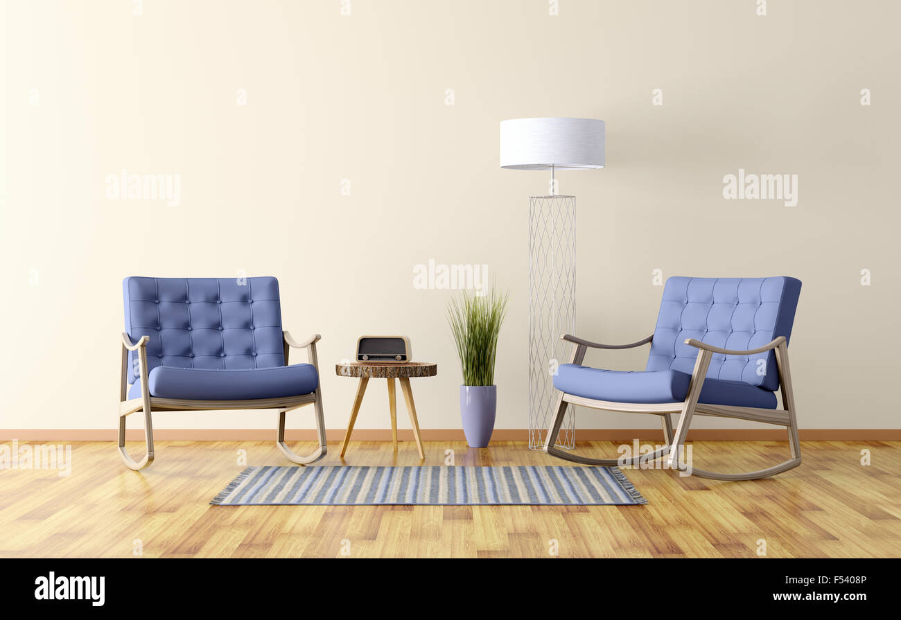 Interior of a living room with two rocking chairs, floor lamp 3d render ...