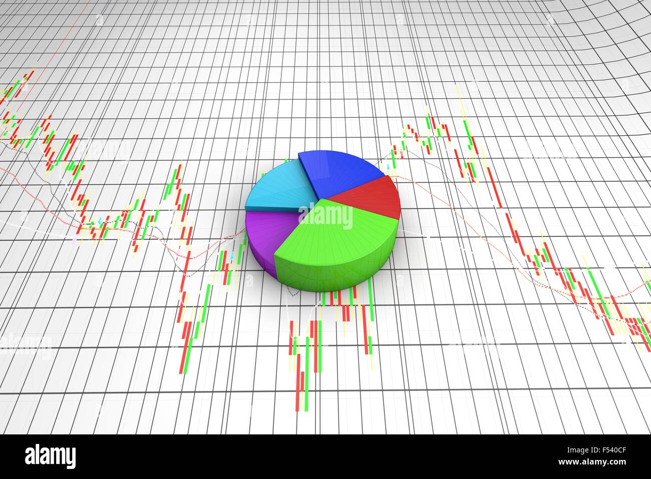 Colorful pie chart graph. High resolution render with candlesticks chart background Stock Photo ...