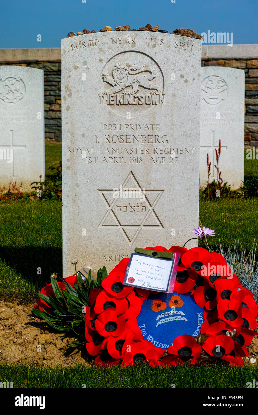 Grave and headstone of Isaac Rosenberg, a leading first world war poet died near Arras on April ...