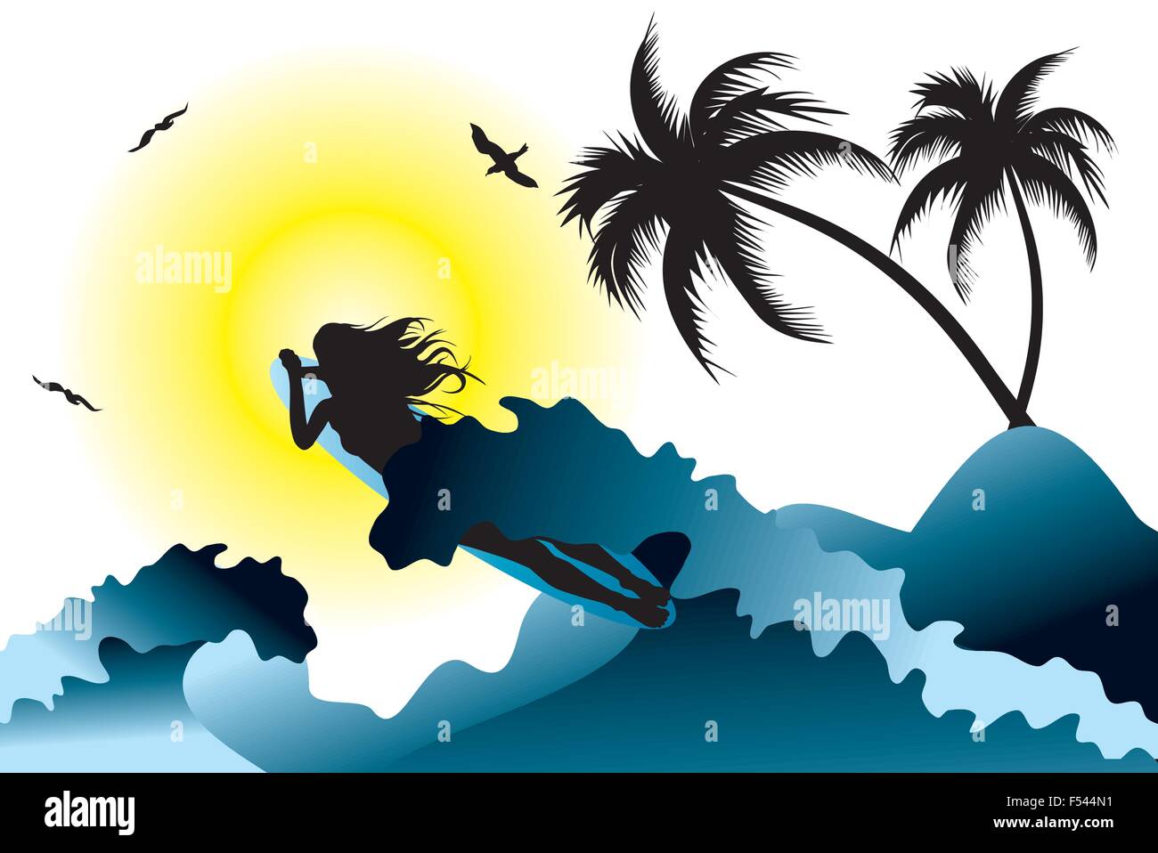 Vintage surf design - Surfing women in blue waves under palms, the sun ...