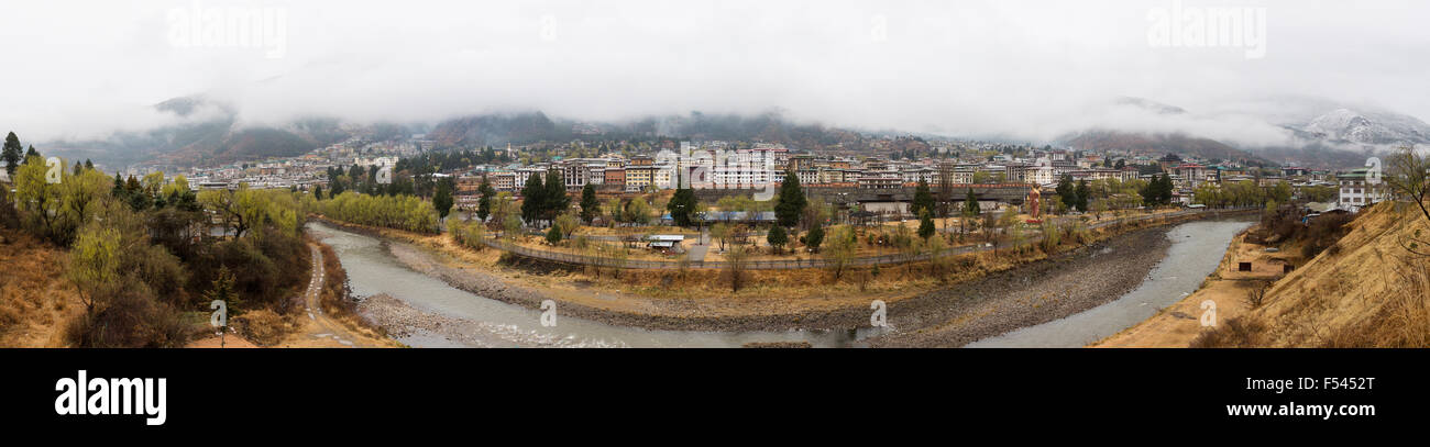 Panoramic view of Thimphu from across the river, with snow Stock Photo ...