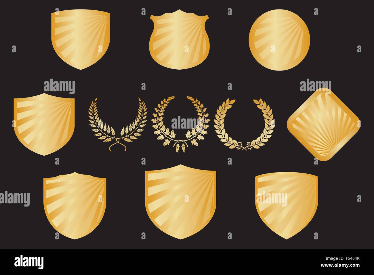 Collection of golden shields and wreaths - isolated on black background ...