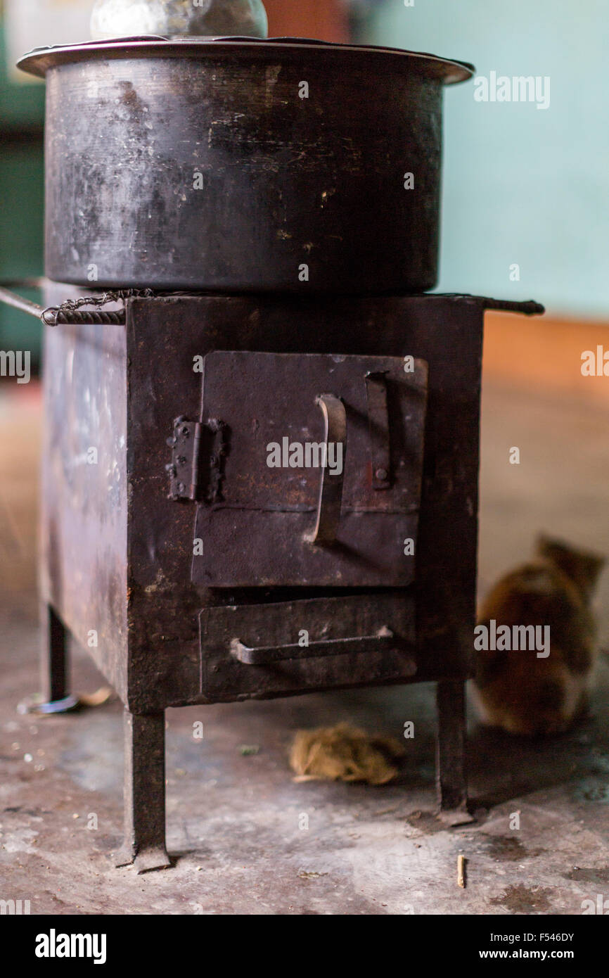 Wood stove in farmhouse Dorikha village, Haa Valley, Bhutan Stock Photo ...