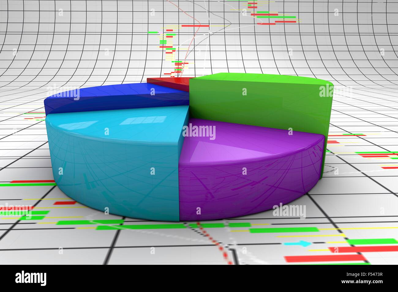 Colourful three dimension pie chart graph with candlestick background ...