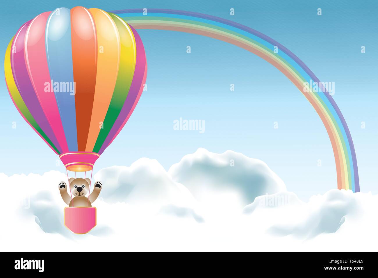 Teddy on holiday trip in hot air balloon in clouds under the rainbow ...