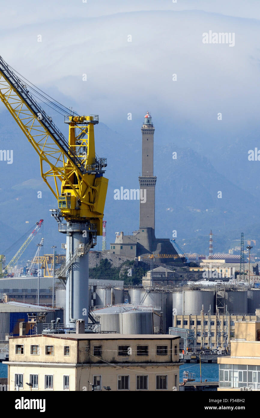 Skyline of Genoa. The lighthouse on the left, called "La Lanterna" is ...
