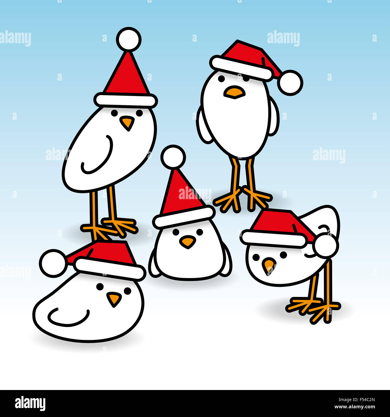 Five Cute White Chicks wearing Santa Hats Staring towards camera on ...
