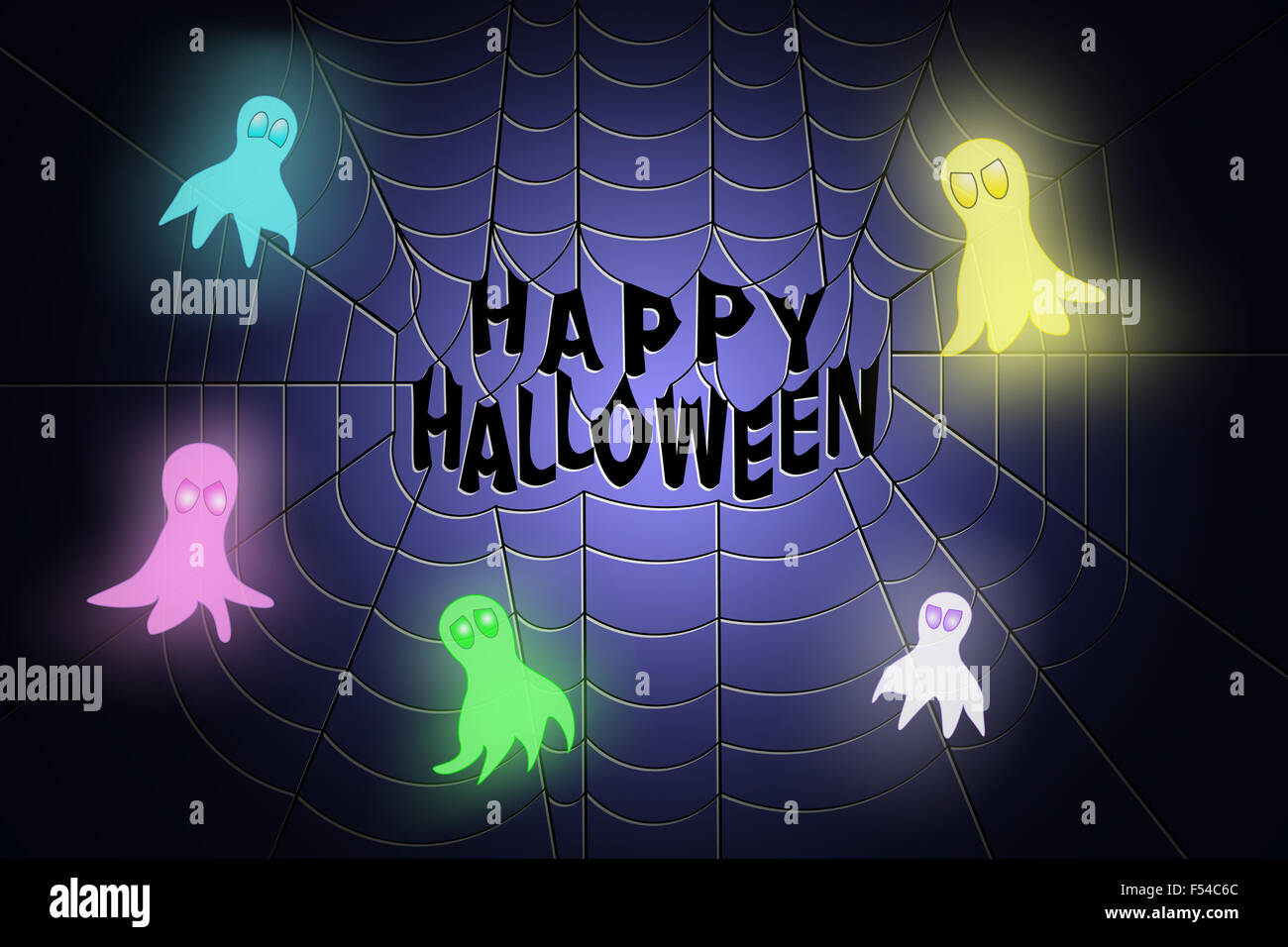 Spider web with Happy Halloween text in the middle, with ghosts flying ...