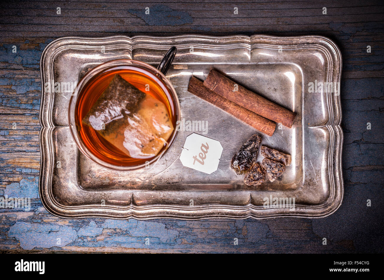 Cup of tea with tea bag on metal tray, top view Stock Photo - Alamy