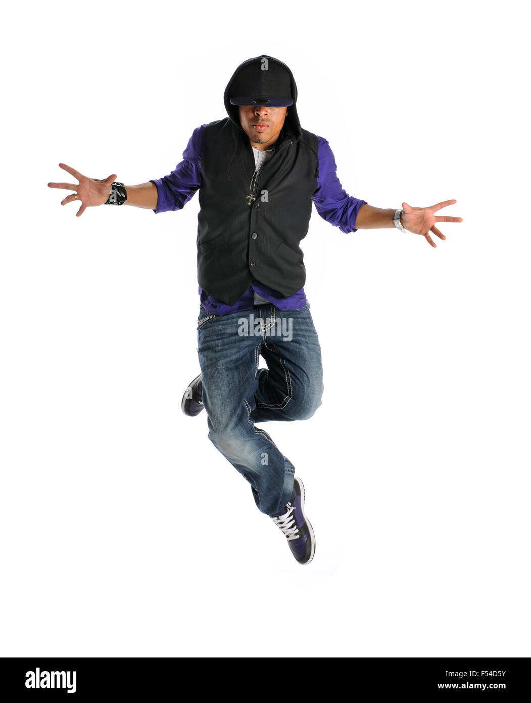 African American hip hop dancer performing isolated over white ...