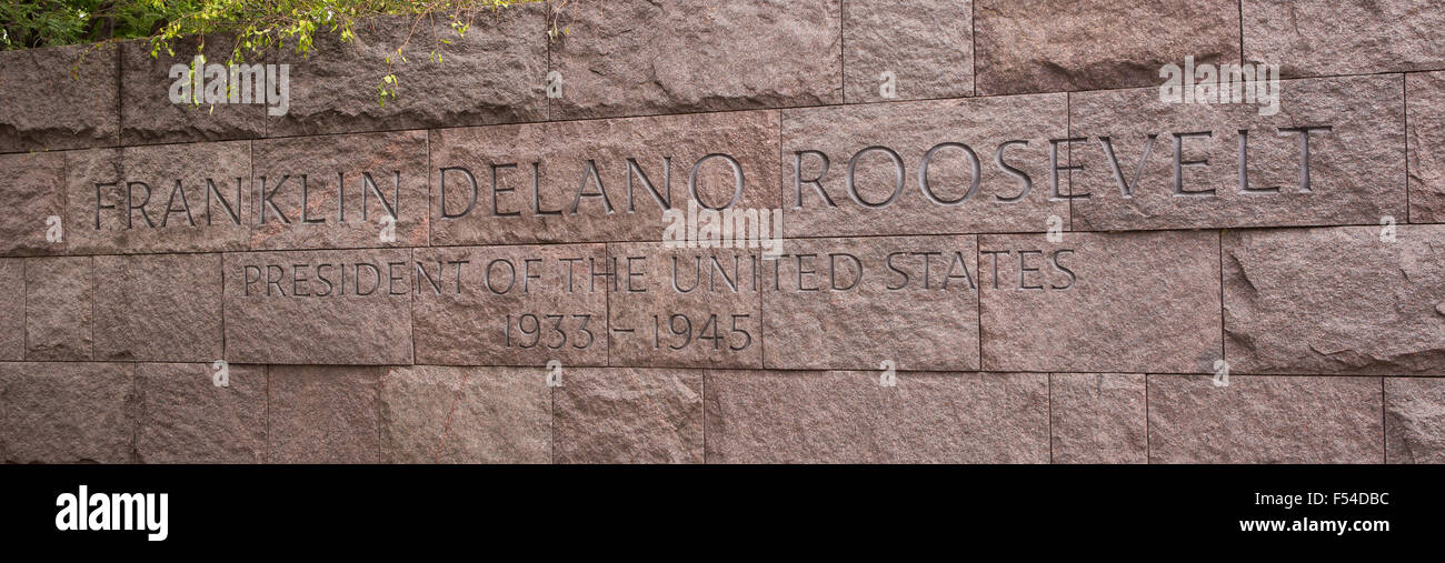 WASHINGTON, DC, USA - Engraved stone wall at Franklin Roosevelt ...