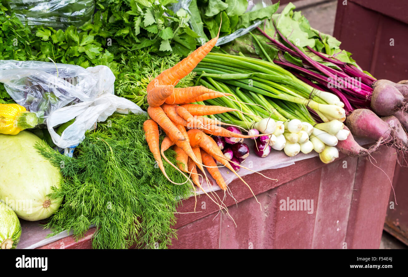 Fresh vegetables of new harvest ready to sale at the local farmers ...