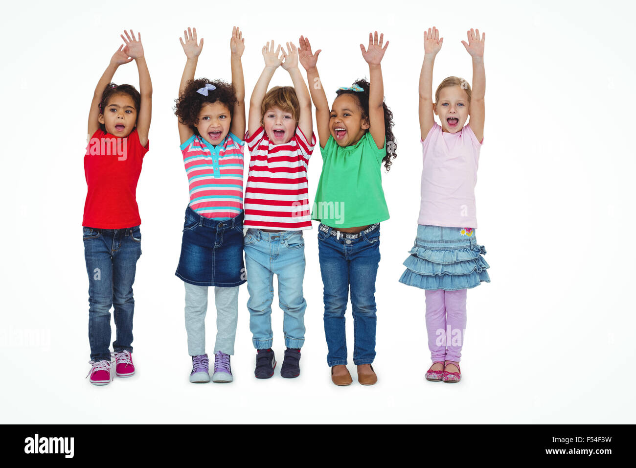 Small group of kids standing together with arms raised Stock Photo - Alamy