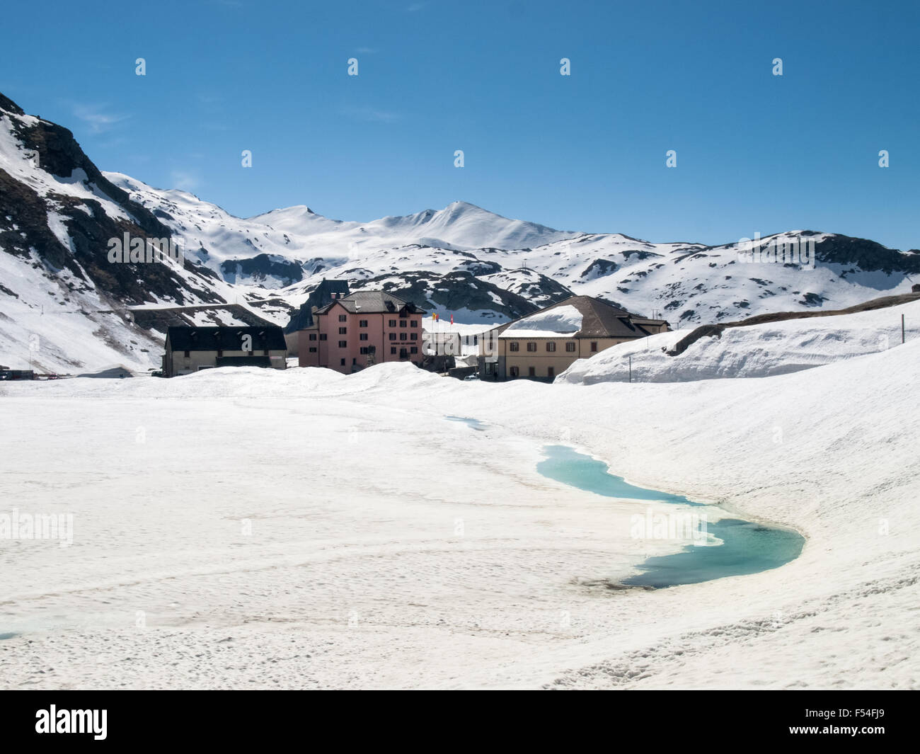 Gotthardpass, Switzerland: view of the frozen lake to the Gotthard pass ...
