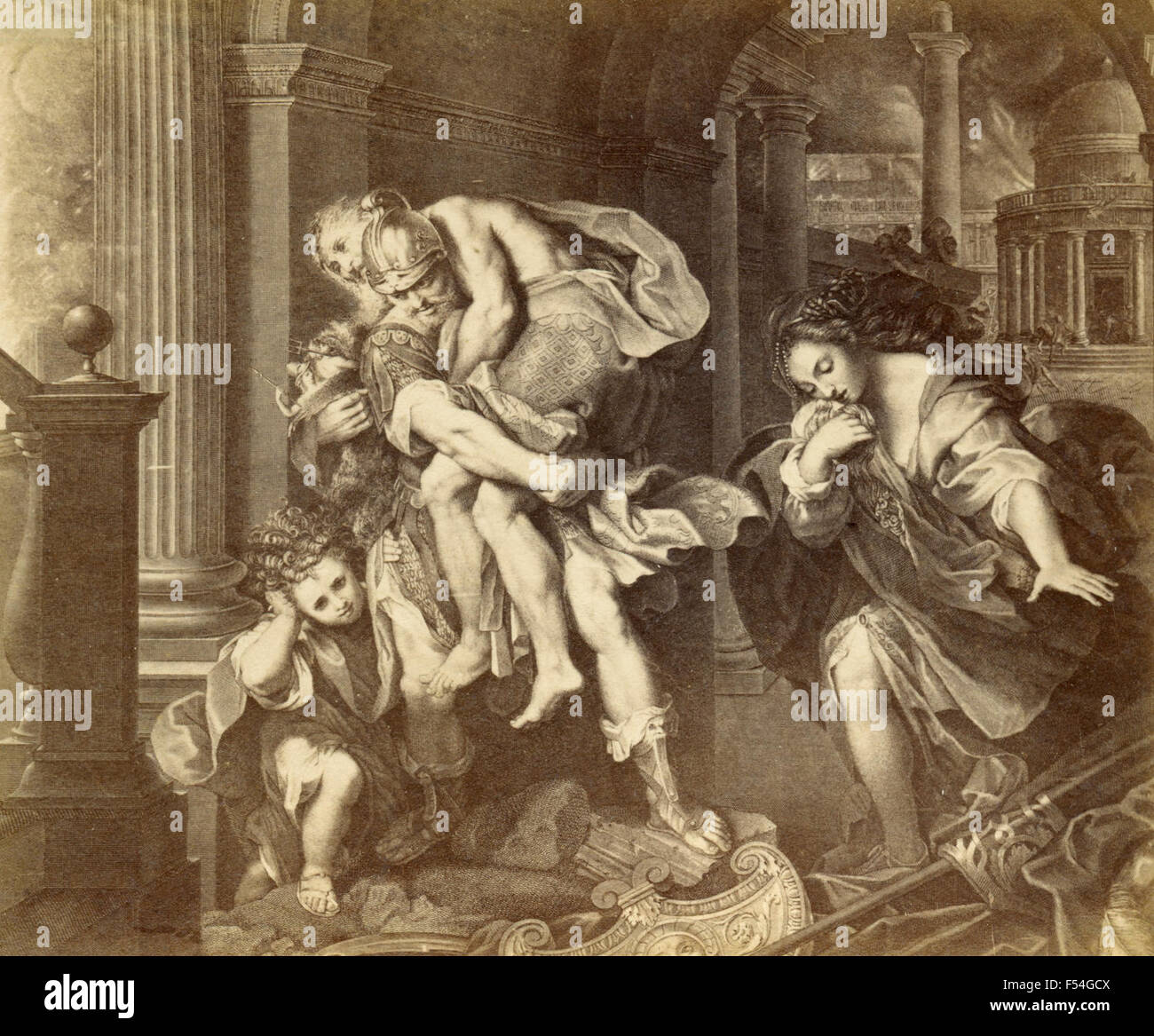 Aeneas and Anchises fleeing the destruction of Troy, engraving by ...