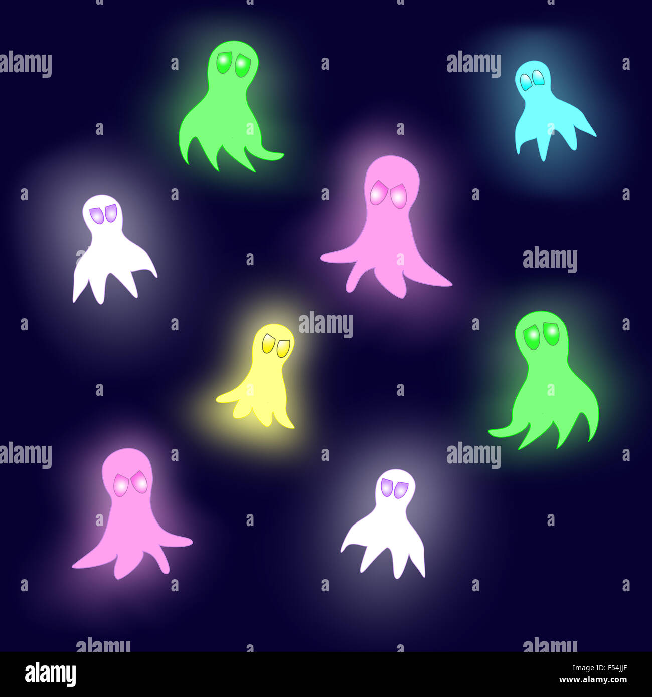 Glowing ghosts in neon colors on dark blue background, a seamless ...